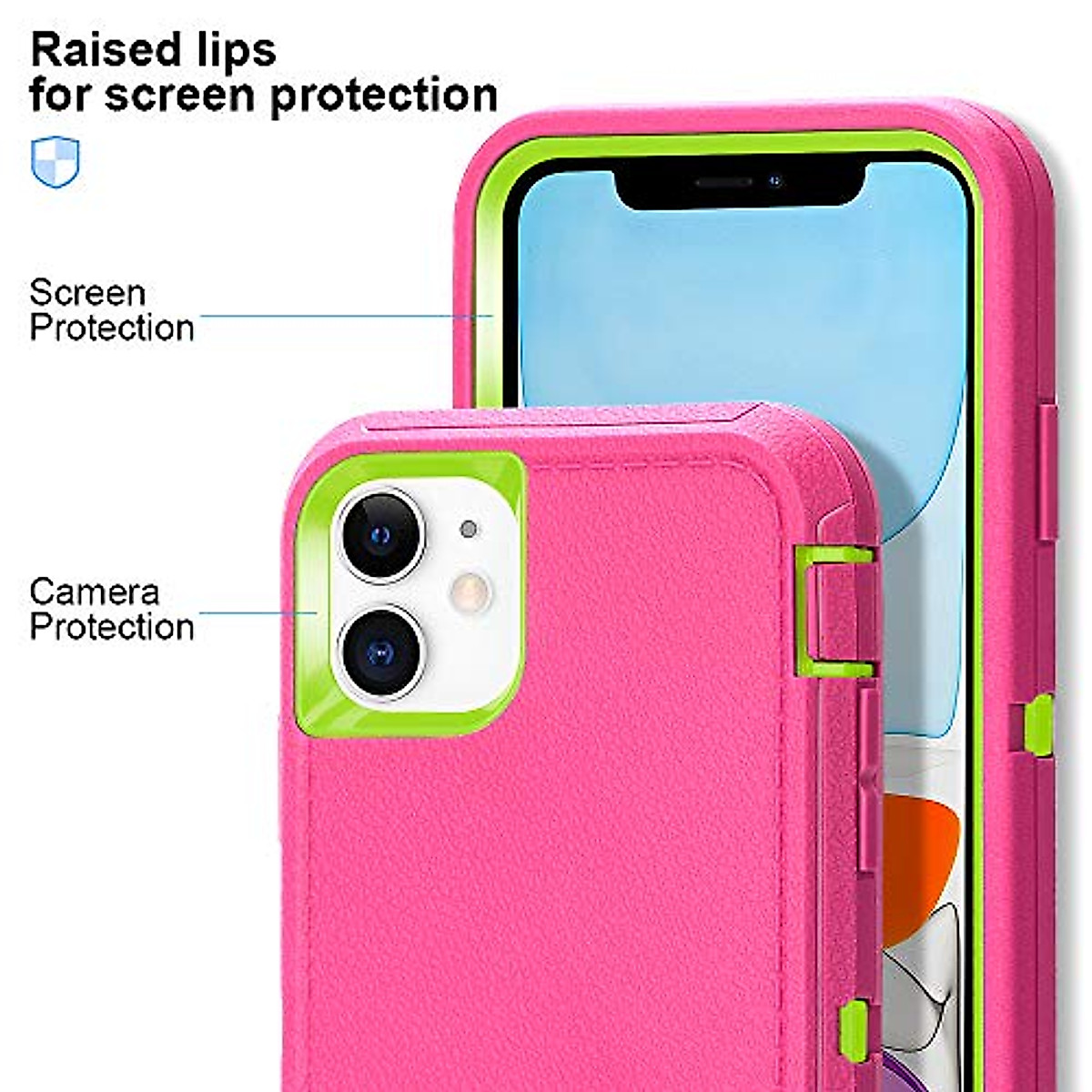 CAFEWICH iPhone 11 Case, Heavy Duty Shockproof 3-Layer Full Body Protective High Impact Tough Hybrid Rubber Rugged Durable Phone Cover for iPhone 11 6.1'' - Hot Pink Green