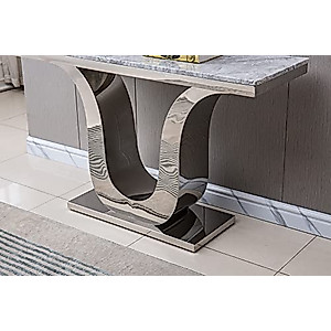 SSLine Modern Silver Console Table Luxury Grey Genuine Marble Console Table with Mirrored Stainless Steel Pedestal Base 50" Rectangular Entryway Hall Tables for Living Room Hallway