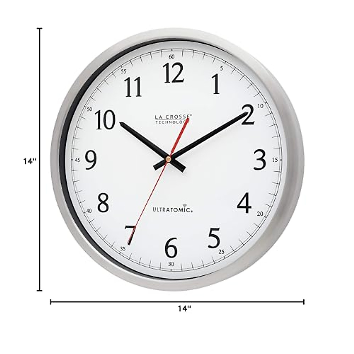 La Crosse Technology 404-1235UA-PL UltrAtomic 14 inch Stainless Steel Wall Clock, Shatterproof Lens, Silver