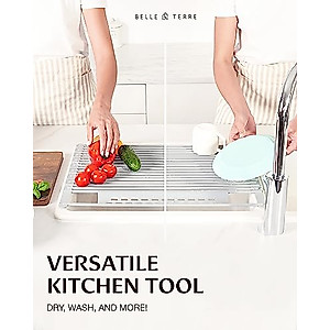 Large Dish Drying Rack for Kitchen Sink - Over Sink Dish Drying Rack to Dry Dishes & Drain Items - Modern & Stylish Dish Rack Set with Extra Side Tray - Space-Saving Roll-Up Counter Drainboard - Grey