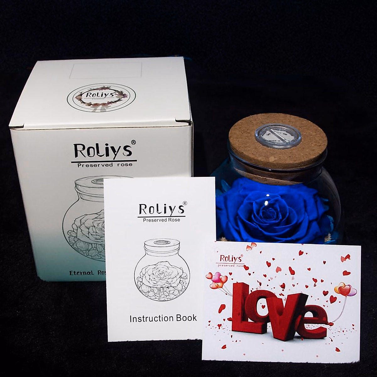 roliys Preserved Real Roses with Colorful Mood Light Wishing Bottle, Eternal Rose，Never Withered Flowers, Table Decor,Christmas Anniversary Valentine's, Blue 4.3inch, 1pcs