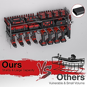 Power Tool Organizer, 8 Drill Holder Wall Mount, Tool Organizer and Storage Rack for Garage Organization, Heavy Duty Metal Tool Organizer and Battery Shelf with Hooks/Screwdriver/Plier/Hammer