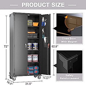 GangMei Rolling Metal Storage Cabinet with Pegboard, 72''H Tall Garage Cabinet with Wheels & 4 Adjustable Shelves, Garage, Home, Assemble Required, Black