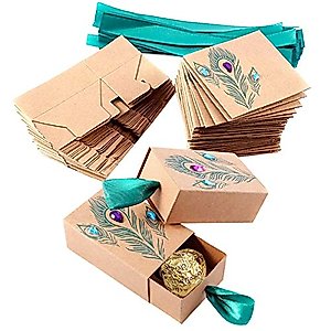 Faylapa Suitcase Candy Boxes, Party Favor Candy Box, Vintage Kraft Paper Gift Bag for Travel Theme Party,Wedding,Birthday,Bridal Shower (Peacock Feather 50pcs)