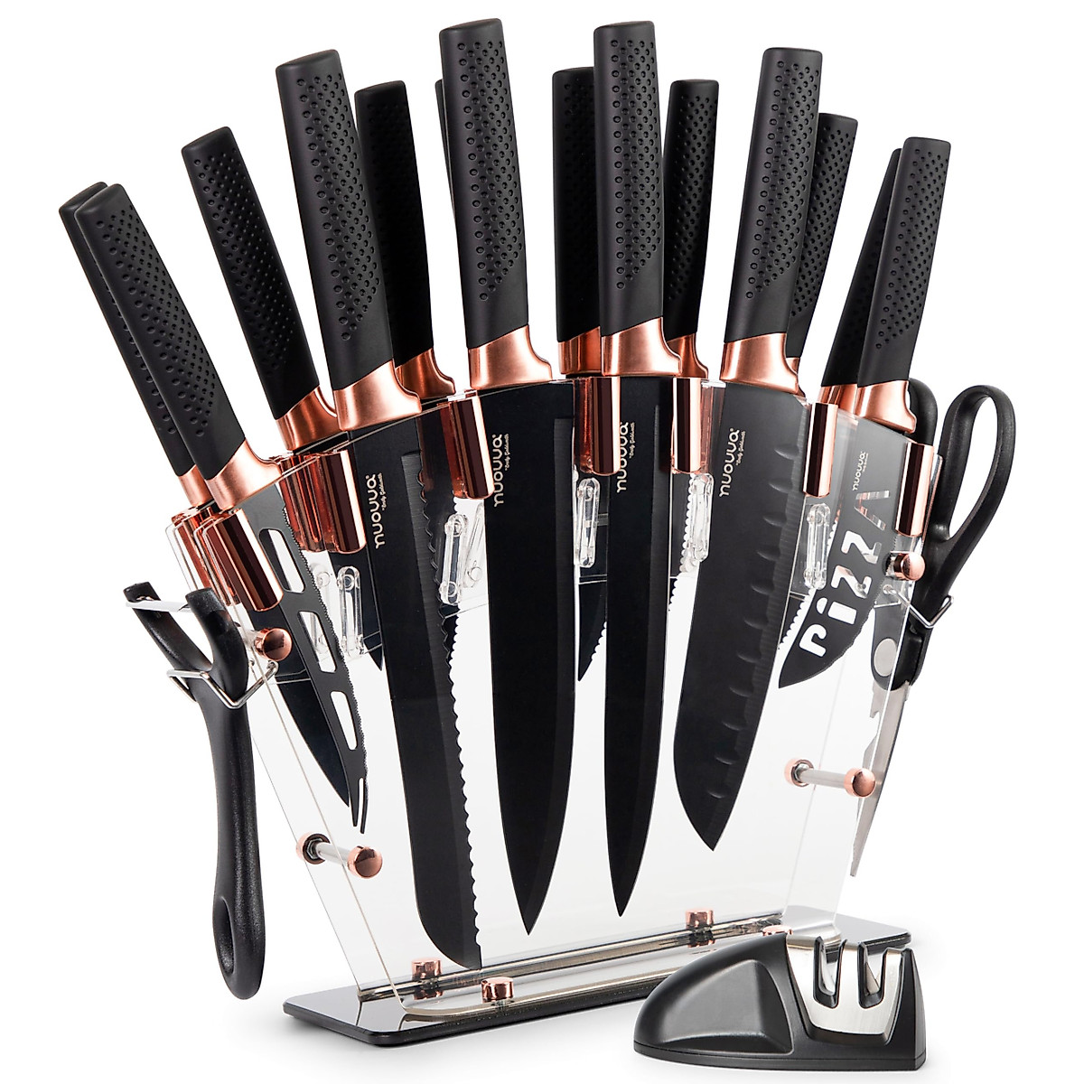 nuovva Professional Kitchen Knife Set with Block - Copper 17 Piece Knives Set With Steak Knives - Clear Acrylic Block High Carbon Stainless Steel Blades - With Knife Sharpener Peeler and Scissors