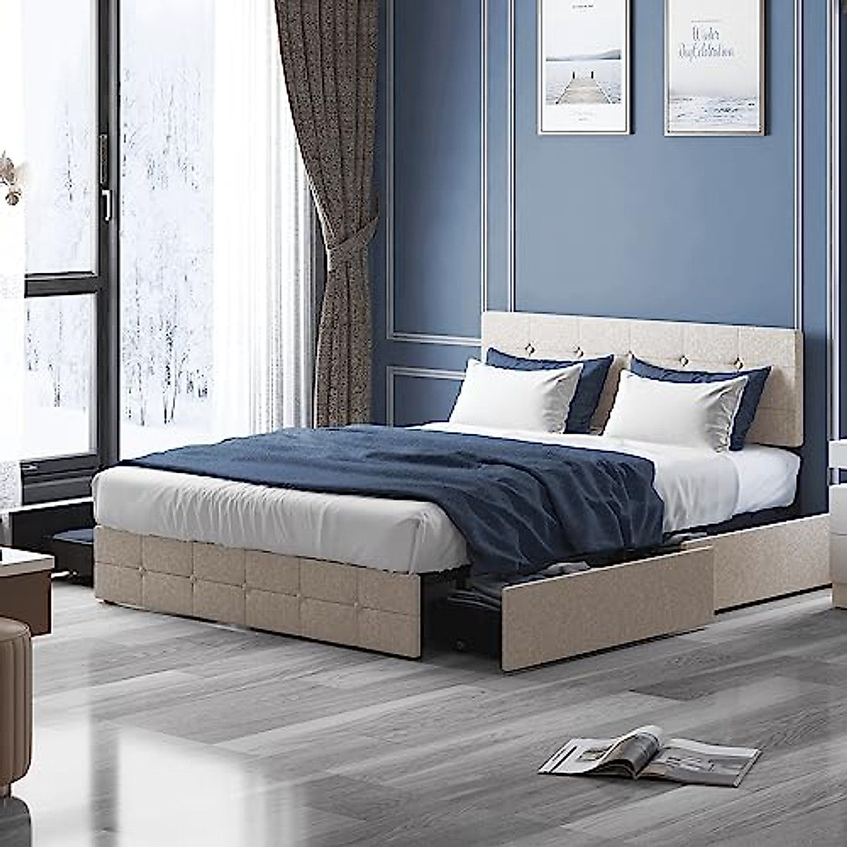 CECER California King Size Bed Frame with 4 Storage Drawers, Linen Platform Bed Frame with Upholstered and Button Tufted Headboard, No Box Spring Needed Bed Frame with Adjutable Headboard-Beige