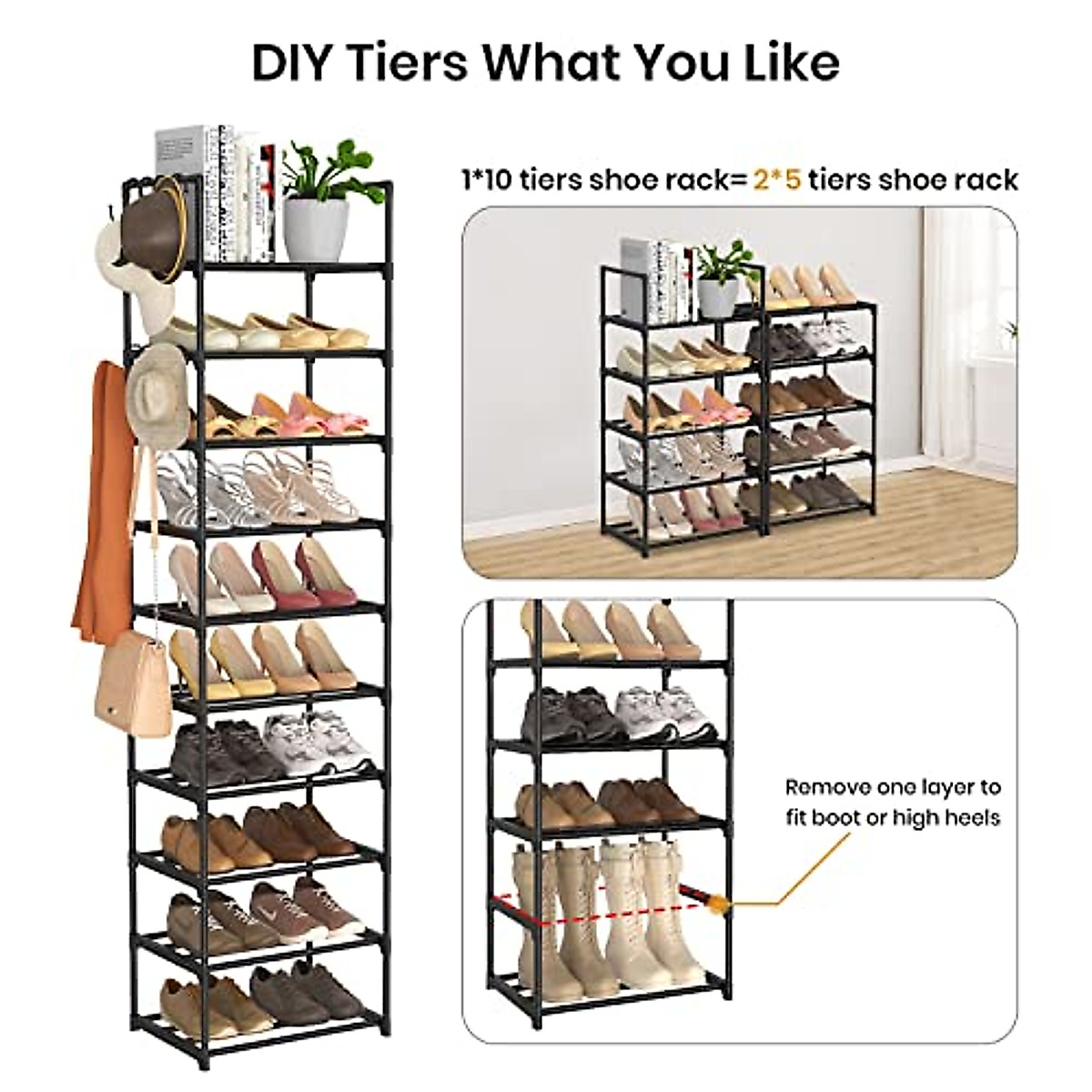 ROJASOP Tall Shoe Rack 10 Tiers Narrow Shoe Rack 20-24 Pairs Vertical Shoe Rack Space Saving Stackable Tall Shoe Rack for Closet Entryway Durable Shoe Shelf Storage Metal Shoe Tower with 8 Hooks
