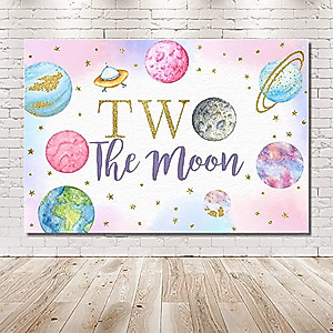 MEHOFOND 7x5ft Outer Space Two The Moon Backdrop Girl Happy 2nd Birthday Pink Gold Party Supplies Galaxy Planets Stars Theme Background Decor Photobooth Props Banner