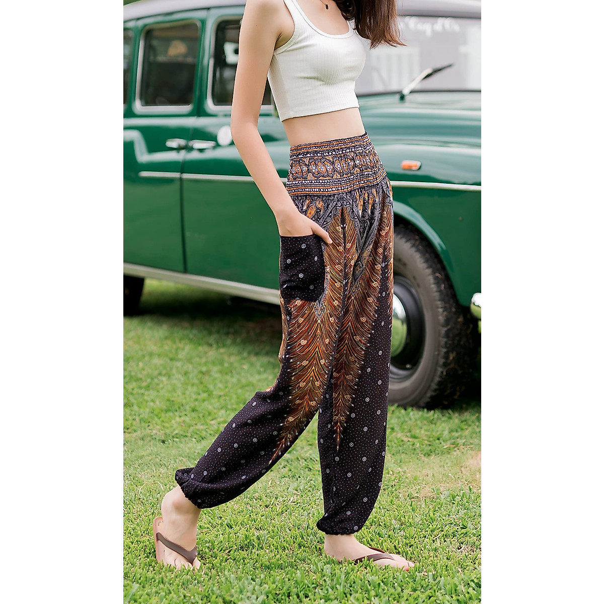 Banjamath® Women's Smocked Waist Harem Hippie Boho Yoga Palazzo Casual Pants (XL,Peacock Black)