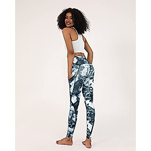 ODODOS Women's High Waisted Pattern Leggings with Pockets, Tummy Control Non See Through Athletic Workout Running Yoga Legging Pants, CrosstalkNavy, Small