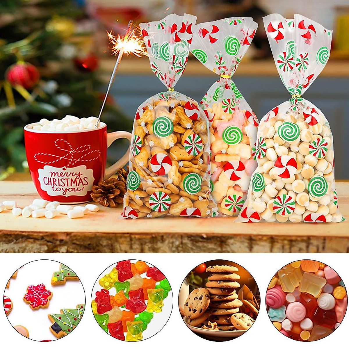 Christmas Treat Bags, Christmas Cellophane Bags, 50Pcs Christmas Candy Bags, Cellophane Treat Bags with Twist Ties, Cellophane Gift Bags Cookie Bags Goodie Bags for Xmas Holiday Party Favors Supplies