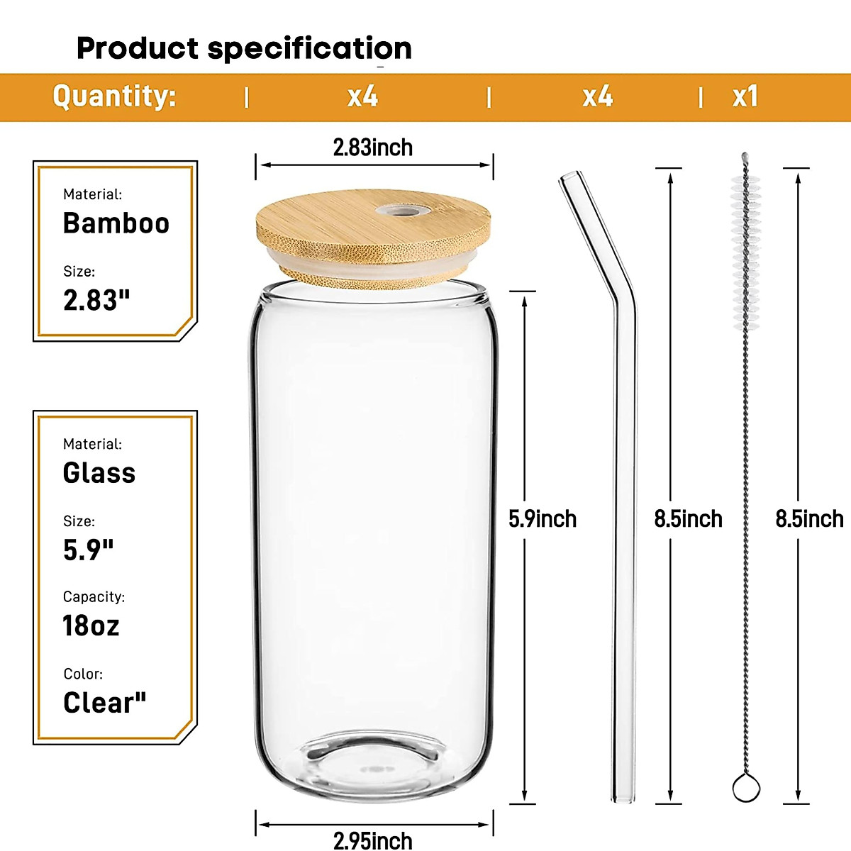 ULAXIM [ 4pcs ] Eco-friendly Glass Cups with Bamboo Lids and Straws 16oz, Iced Coffee Drinking Cups, Beer Can Glass Cup, Glass Tumbler for Cocktail, Whiskey, Soda, Tea, Water