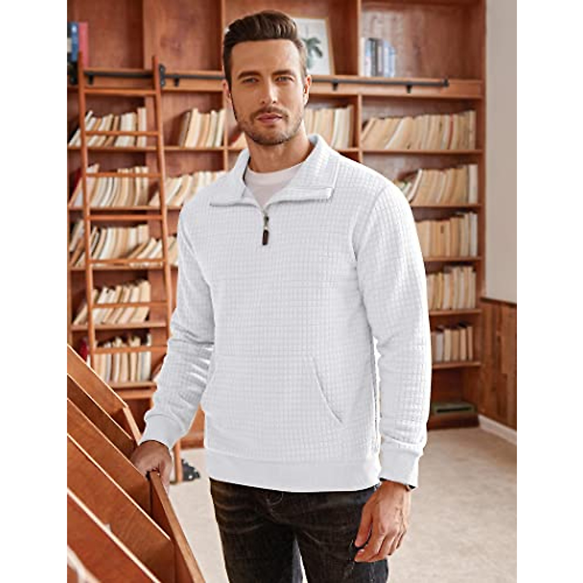 COOFANDY Men's Thermal Collar Sweatshirt Long Sleeve Zip Up Gym Athletic Golf Pullover 1/4 zip sweatshirt White X-Large