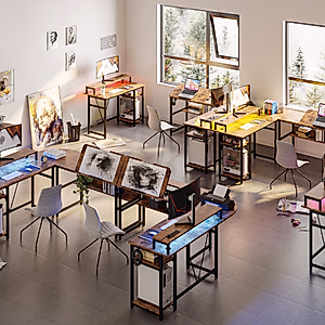 IRONCK L Shaped 70.8" Computer Corner Desk with LED and Power Outlets, 95" I-Shaped Two-Person Reversible Drafting Table with Storage Shelves & Monitor Stand for Home Office, Bedroom, Brown