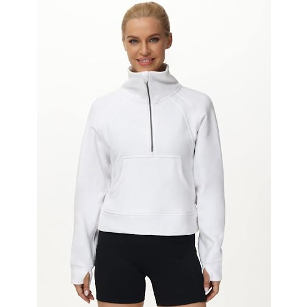 THE GYM PEOPLE Women's Half Zip Pullover Sweatshirt Fleece Stand Collar Crop Sweatshirt with Pockets Thumb Hole White