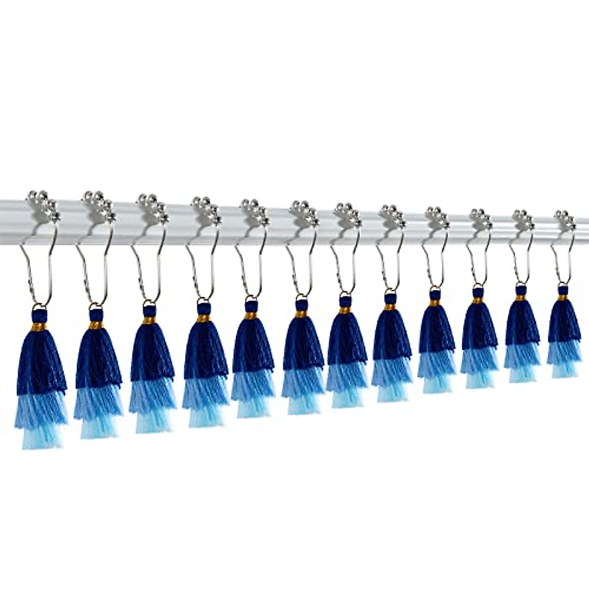 Estmy 12PCS Boho Blue Tassel Shower Curtain Hooks Rings Ombre Bohemian Cute Decorative Shower Rings Hooks for Kids Bathroom Curtain Metal Rust-Proof Bohemian Chic Bathroom Decor Accessories