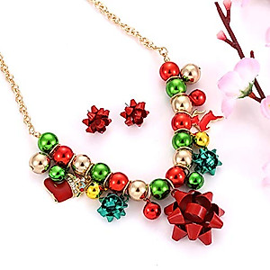 JERTOCLE Christmas Necklace Earrings Set Statement Xmas Charm Jingle Bell Chunky Collar Gift Bow Pendant Necklace Stud Earrings Set (gift bow)