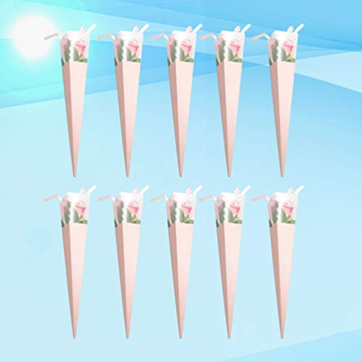 PRETYZOOM 10pcs Single Roses Flower Gift Box Cone Flower Bouquet Wrapping Paper Rose Packaging Bag DIY Flower Holder for Valentines Day Wedding Birthday Gift Without Flower (Pink)