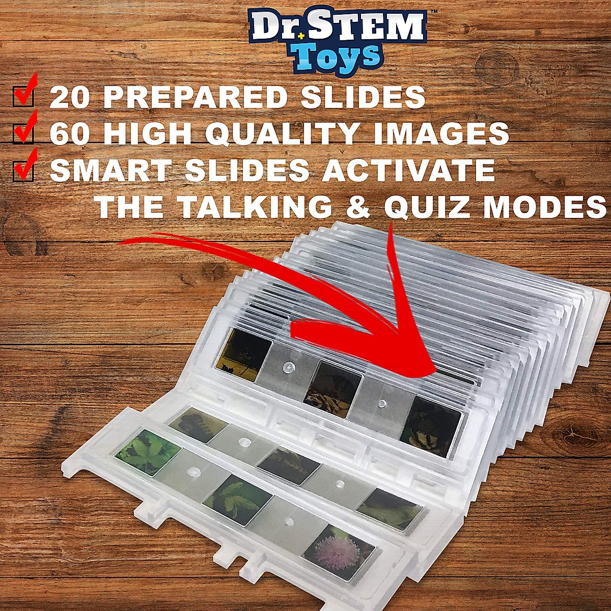 Dr. STEM Toys - Talking Microscope for Kids with Twenty Slides Containing Sixty Specimens, Over 120 Quiz Facts, Adjustable Focus, and Light-Up Platform