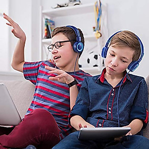 POWMEE P10 Kids Headphones with Microphone Stereo Headphones for Children Boys Girls,Adjustable 85dB/94dB Volume Control Foldable On-Ear Headphone with Microphone for School/PC/Cellphone(Blue)