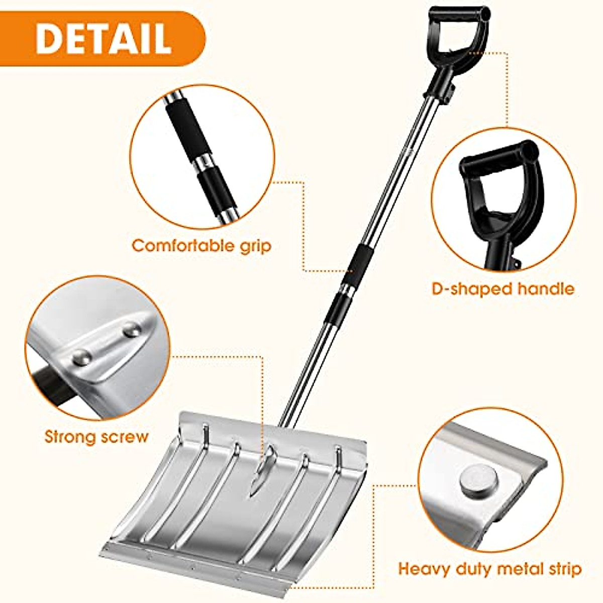 Snow Shovel for Driveway, 46 inches Aluminum Snow Pusher Shovel with D-Grip Handle Heavy Duty Metal Snow Shovels for Car Home Garage Garden