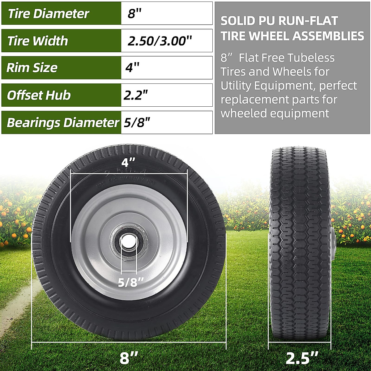 AR-PRO (2-Pack) 8-Inch Solid Wheel Replacement - 2.50-4" Flat Free Tire and Wheel with 5/8 extra 3/4 Bearings and 2.2" Offset Hub - Compatible with Hand Truck, Generator, Gorilla Carts