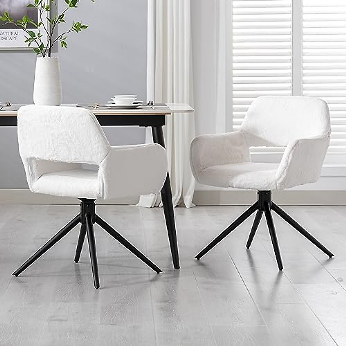 ABET Fluffy Desk Chairs Set of 2, Modern Swivel Accent Home Office Chair No Wheels, Hollow Back & Metal Legs, Faux Fur Vanity Chair for Teen Girls Women Side Armchair for Bedroom Living Room White
