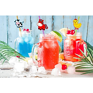 24pcs Reusable Farm Animals Party Favor Plastic Straws Kids Drink Cocktail Straws Chicken Sheep Horse Cow Pig Farm Birthday Party Supplies With 2 Cleaning Brushes 6 Colors