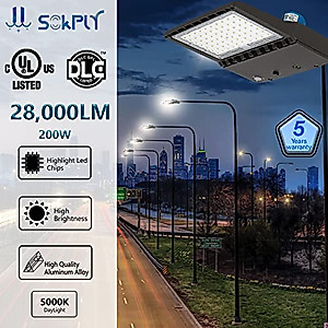 Sokply 200W LED Parking Lot Light with Photocell & Adjusted Arm Mount 28000Lum 5000K, 0-10V Dimming Outdoor LED Area Shoebox Lighting, AC100-277V / IP65 / DLC &UL-Listed(1 Pack)