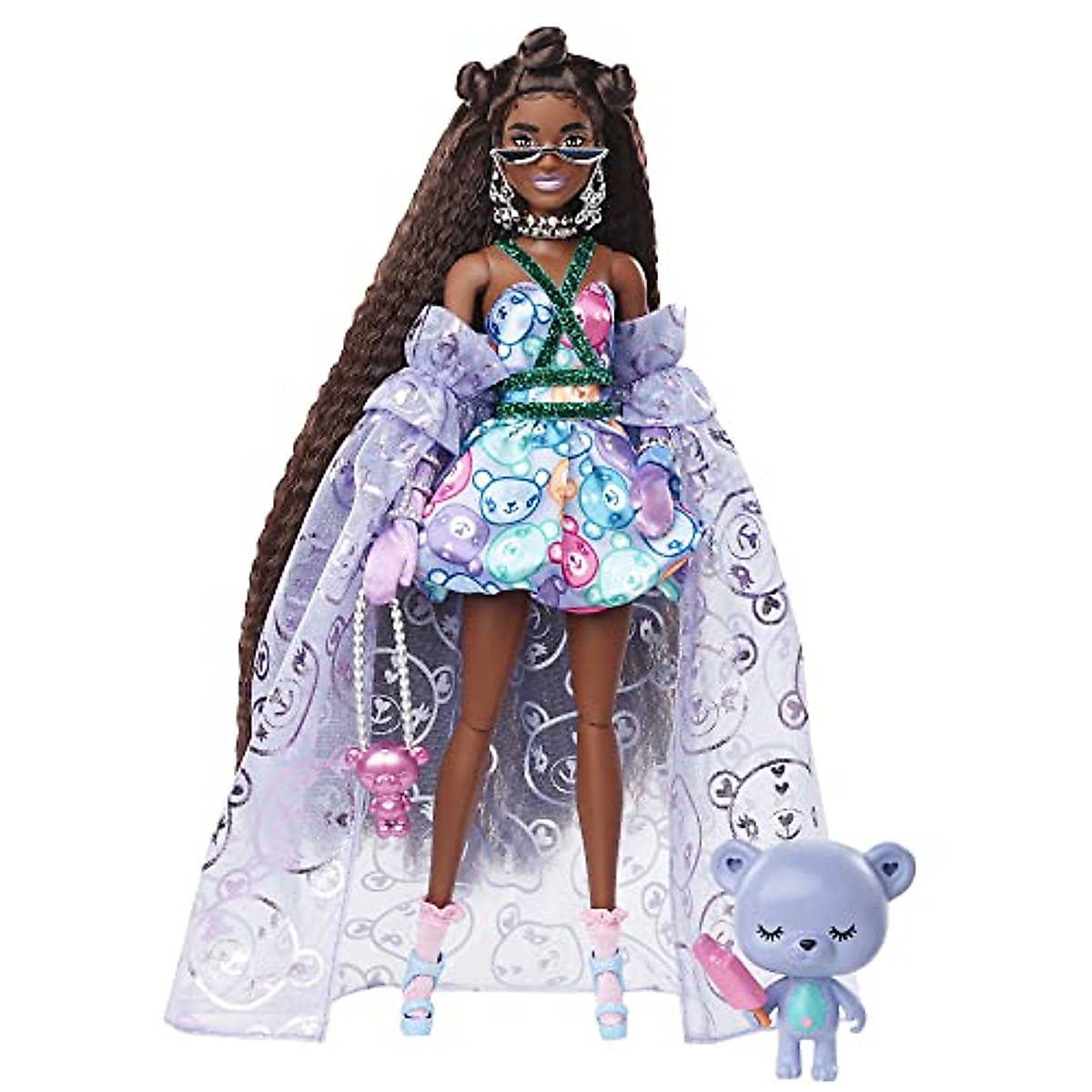 Barbie Extra Fancy Fashion Doll & Accessories Dressed in a Teddy-Print Gown with Sheer Train, Plus Teddy Bear Pet