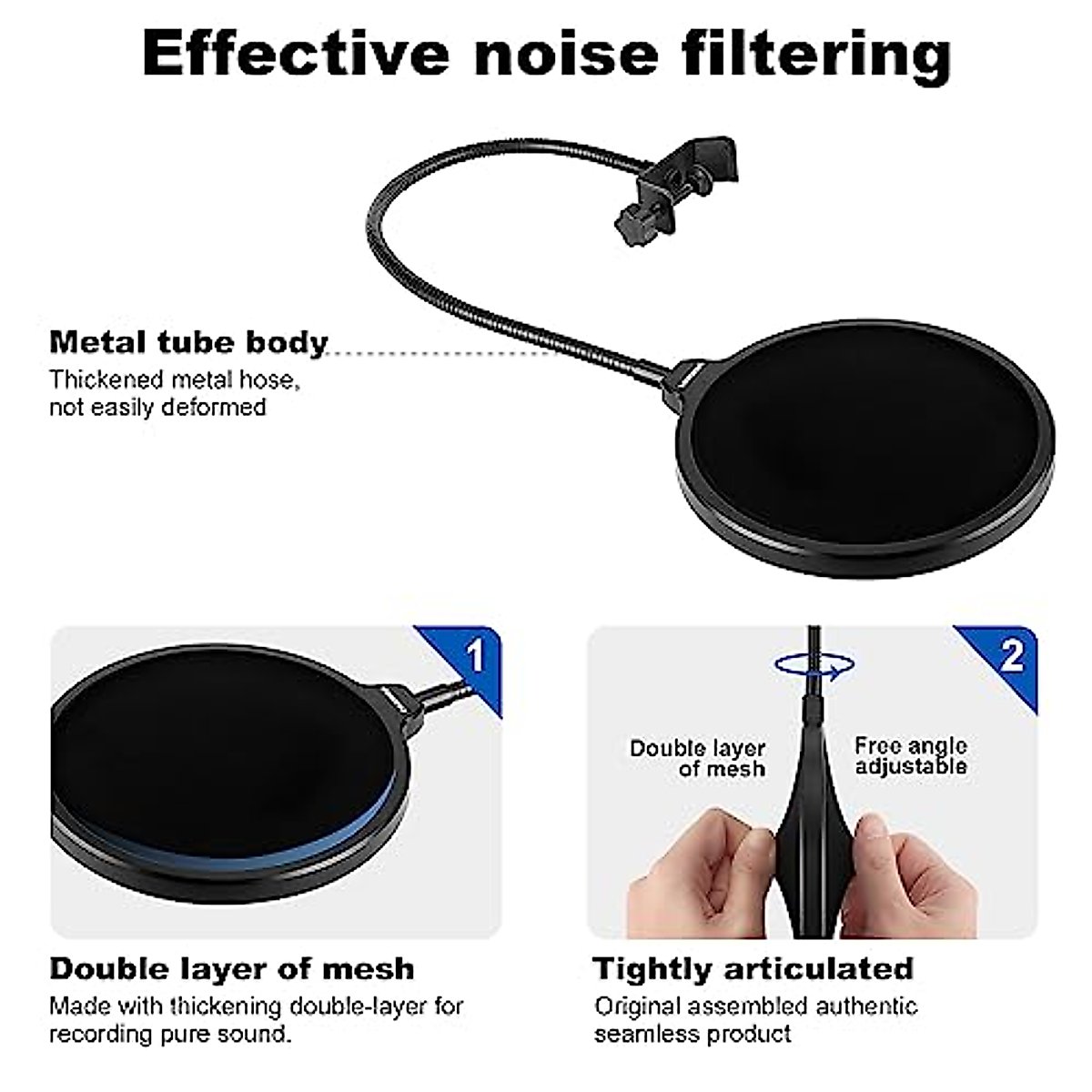 Aokeo Professional Microphone Pop Filter Mask Shield • For Blue Yeti and Any Other Microphone • Mic Dual Layered Wind Pop Screen • With A Flexible 360° Gooseneck Clip Stabilizing Arm