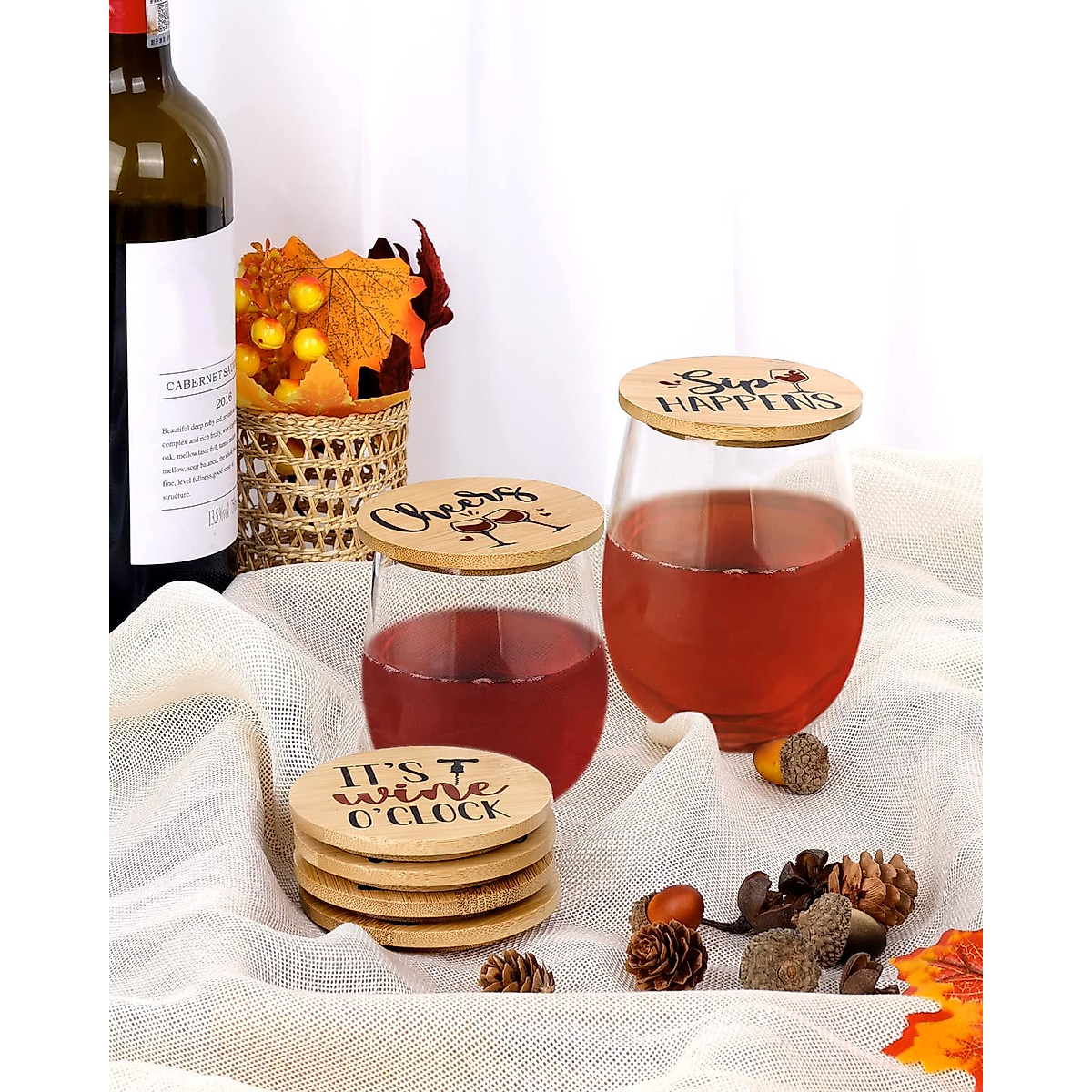 Xylolfsty Funny Wine Glass Covers to Keep Bugs Out Wood Drinking Glass Lids Appetizer Glass Toppers Outdoor Drink Covers for Coffee Mugs, and Water Glasses Bamboo Wine Accessories Housewarming Gift