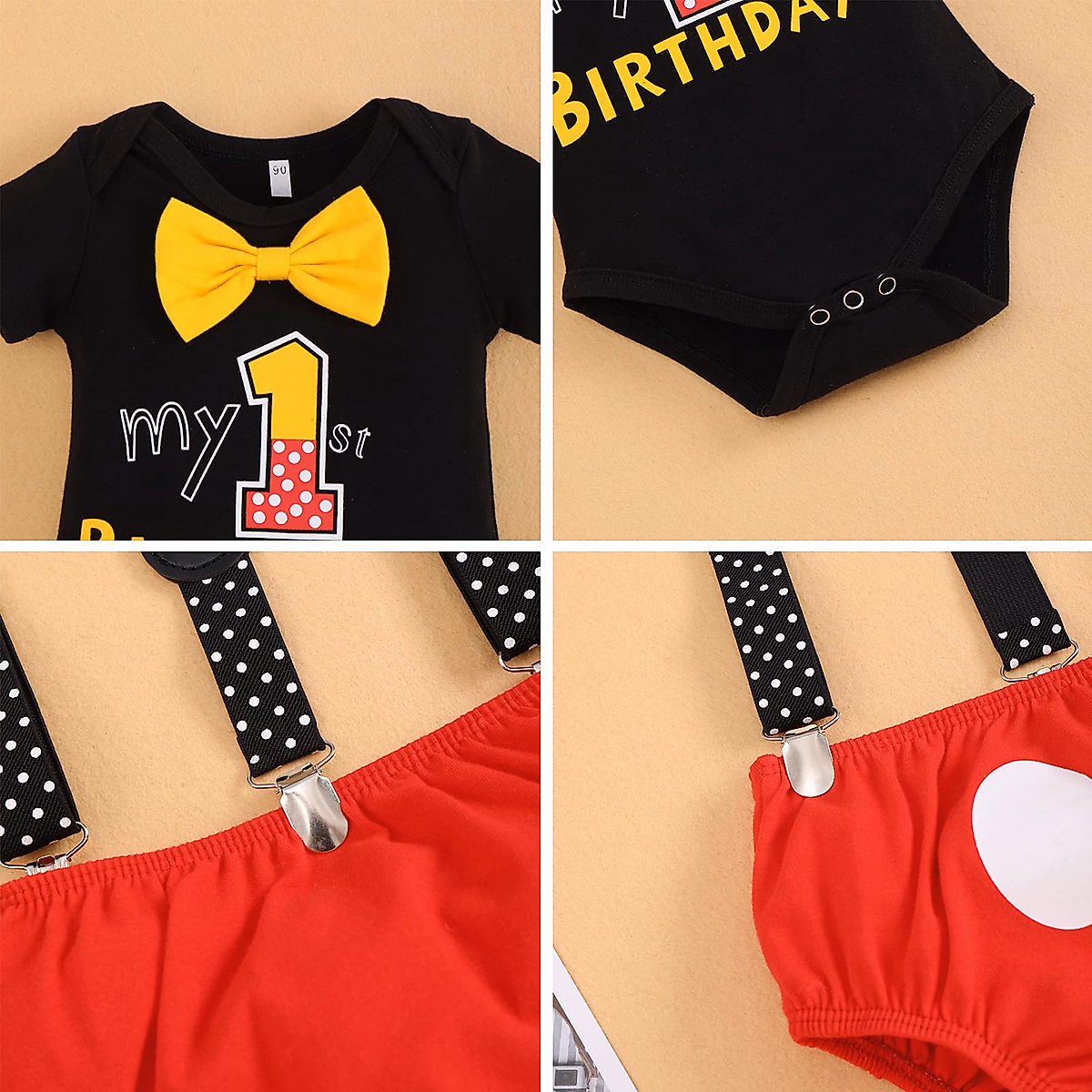IBTOM CASTLE Baby Boys One Year Old Birthday Cake Smash Outfit Romper Bloomers Suspenders 3PCS Photo Props Funny First Birthday Clothes Set Black-My 1st Birthday 12-18 Months