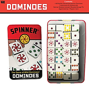 Front Porch Classics | Spinner Colored Dot Dominoes Set, On-The-Go Travel Storage Tin 2 to 8 Players Ages 8 to 99