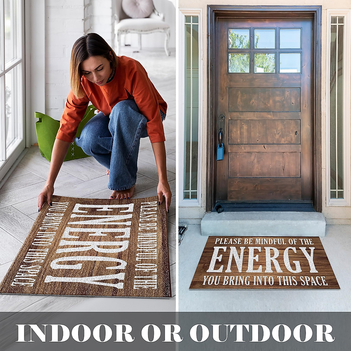 LUVADIAN Funny Welcome Mats for Front Door - Please Be Mindful of The Energy You Bring into This Space, Check Your Energy Door Mat Outdoor Entrance, Indoor Door Mats for Entryway, 17x30 Inches