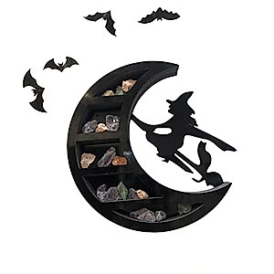 A/R Witch on The Moon Crystal Shelf, Wooden Crystal Display Shelf PVC Moon Shelf Black Witch Design Crystal Display Shelf Gothic Decorations for Living Room