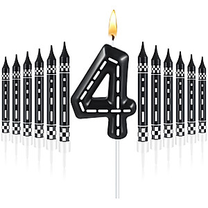 MTLEE 13 Pcs Racing Cars Themed Birthday Candles Black and White Checkered Candle 1 to 9 Number Candle Truck Candle Cake Topper for Racing Car Party Decoration Baby Shower Party Supplies(Number 4)