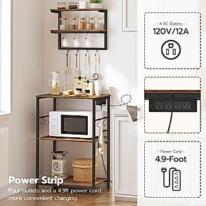 HOOBRO Bakers Rack with Power Outlets, Coffee Bar with Floating Shelves, Microwave Stand with 11 S-Hooks, Freestanding Kitchen Storage Shelves, for Kitchen, Living Room, Rustic Brown BF11UHB01