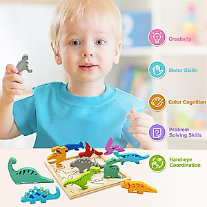 XJYQJD Dinosaur Sorting & Stacking Toys for Toddlers 1-3, Wooden Dinosaur Blocks Puzzles for Kids 2-4 Multi-Theme Animals Fruits Numbers Jigsaw Puzzles Montessori Educational Learning Toys (4 Pack)
