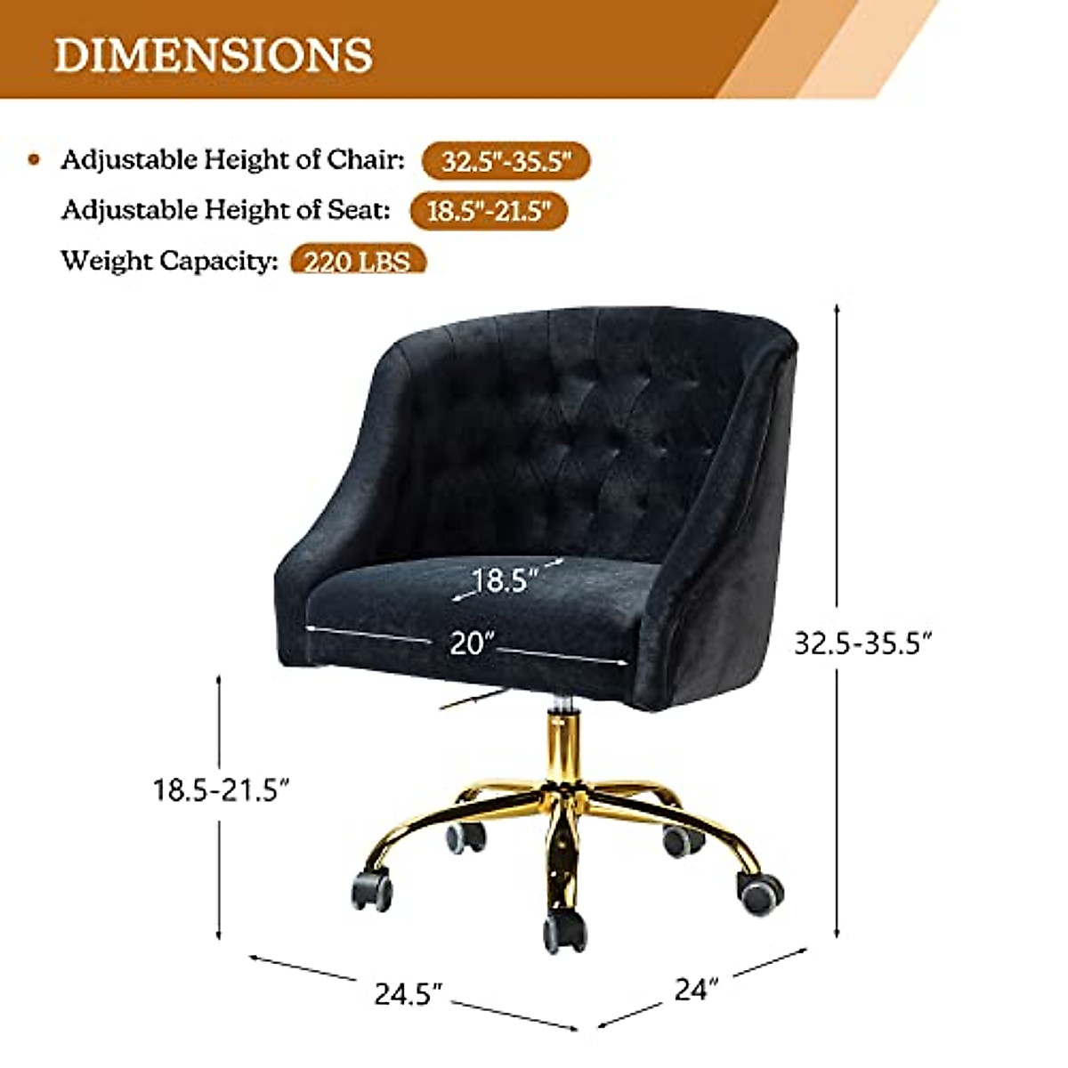 Velvet Home Office Chair with Gold Base, Comfortable Modern Cute Desk Chair, Adjustable Swivel Task Chair for Living Room Bedroom Vanity Study, Black