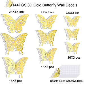 144 Pcs Gold Butterfly Sticker, 3D Removable Butterfly Wall Decor for Girls, Kids, Baby Bedroom, Living Room Decorations, Birthday Party Decorations, 3 Styles 3 Sizes