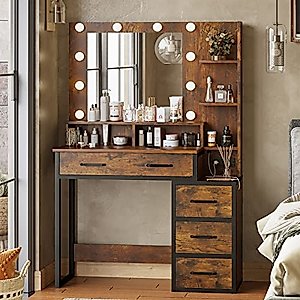 Tiptiper Vintage Makeup Vanity with Lights in 3 Colors, Vanity Table with Charging Station of 2 USB Ports and Outlets, Vanity Desk with Large Mirror, Drawers and Shelves, Rustic Brown and Black