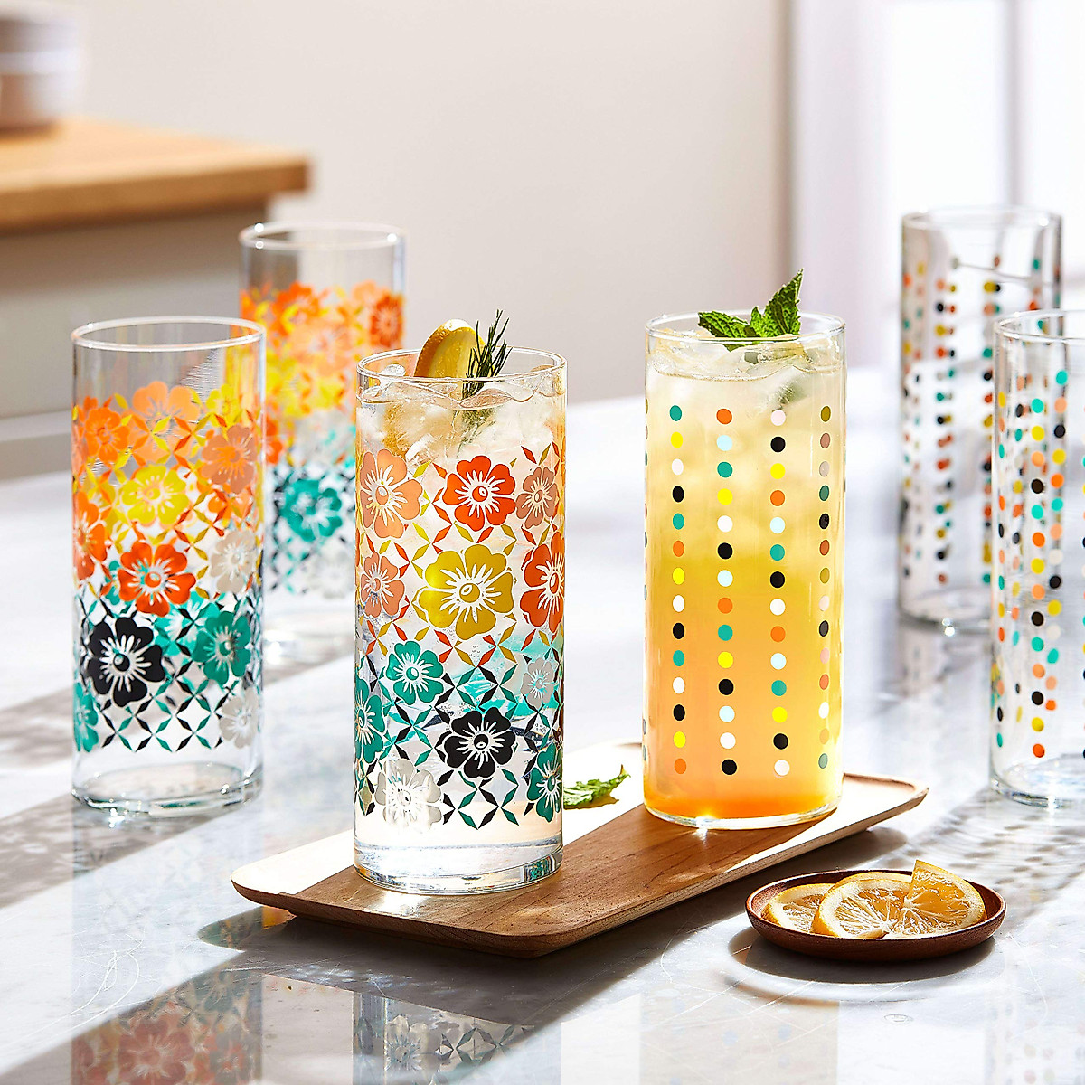 Libbey Vintage Flower Power Party Dots Cooler Glasses, 16-ounce, Set of 4