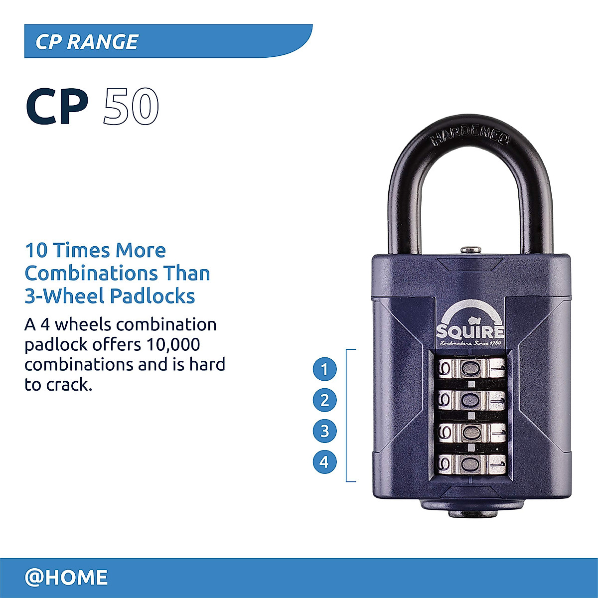 Squire Heavy Duty Padlock (CP50) - Toughest Steel Shackle - 4 Wheel Combination Padlock - Alloy Steel for Corrosion Resistance - Weatherproof Lock for Home, School & Garage (Blue, 50 mm)