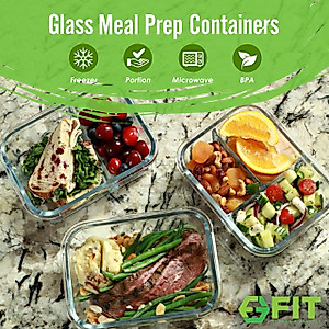 1 & 2 & 3 Compartment Glass Meal Prep Containers (3 Pack, 35 oz) - Glass Food Storage Containers with Lids, Glass Lunch Box, Glass Bento Box Lunch Containers, Portion Control, Airtight