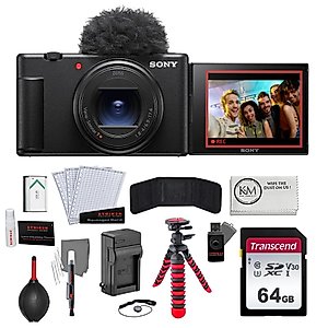 Sony ZV-1 II Digital Camera | Black Bundled with Extra NP-BX1 Battery + 12" Tripod + Battery Charger + 64GB Memory Card + Microfiber Cleaning Cloth + Photo Starter Kit (11 Pieces) (7 Items)
