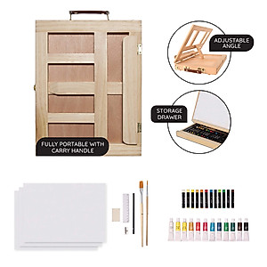 Mixed Media Art Set - 34 Piece, Easel Painting Kit with Wood Table Desk Top Easel Box Includes Acrylic Paints, 3 Canvas Boards, Pastels, Desktop Art Supplies Gift for Beginner Artists, Kids, Adults