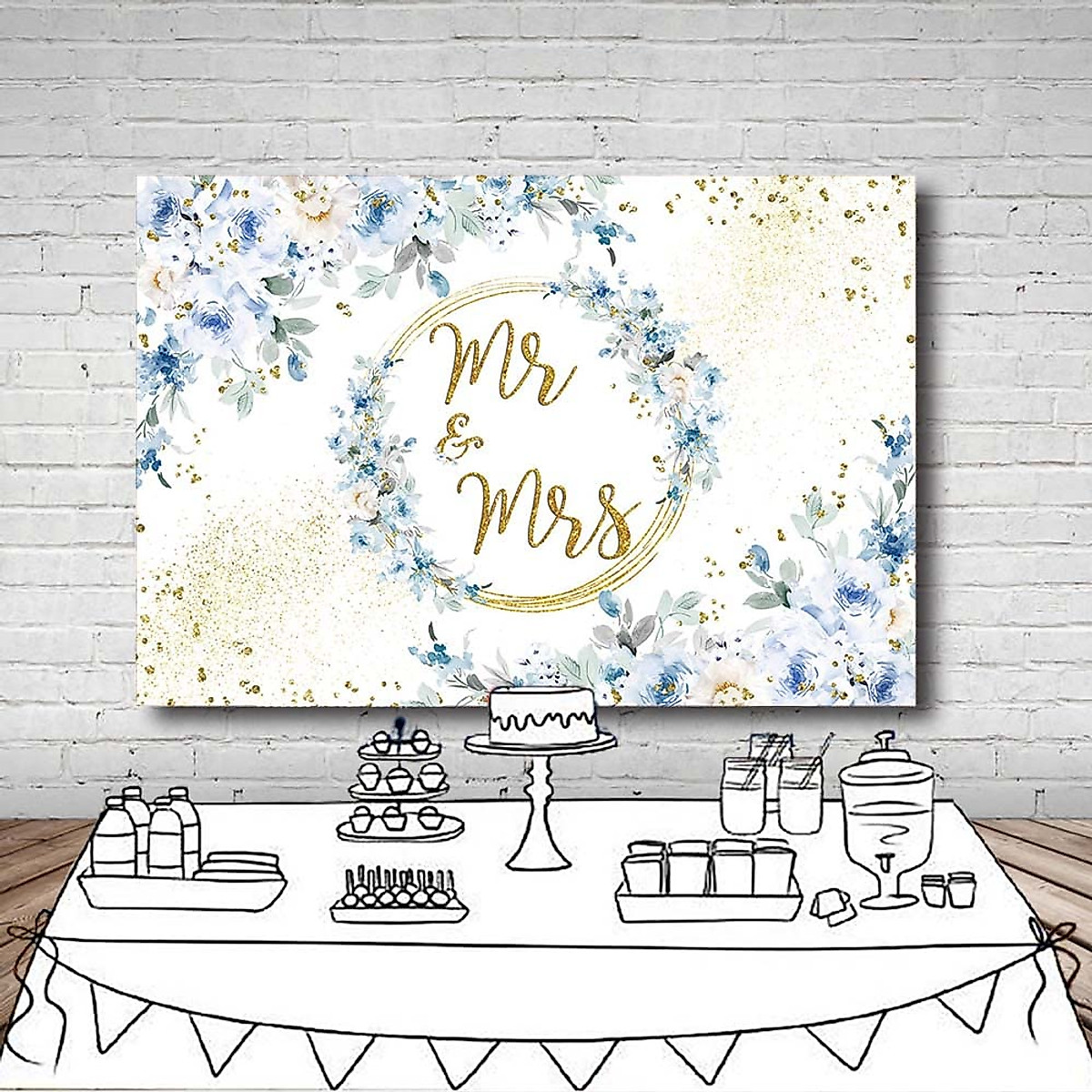 MEHOFOND 7x5ft Blue Floral Backdrop for Mr and Mrs Engagement Party Decorations Couples Wedding Golden Dots Glitter Photography Background Anniversary Ceremony Bridal Shower Banner Photo Booth Props