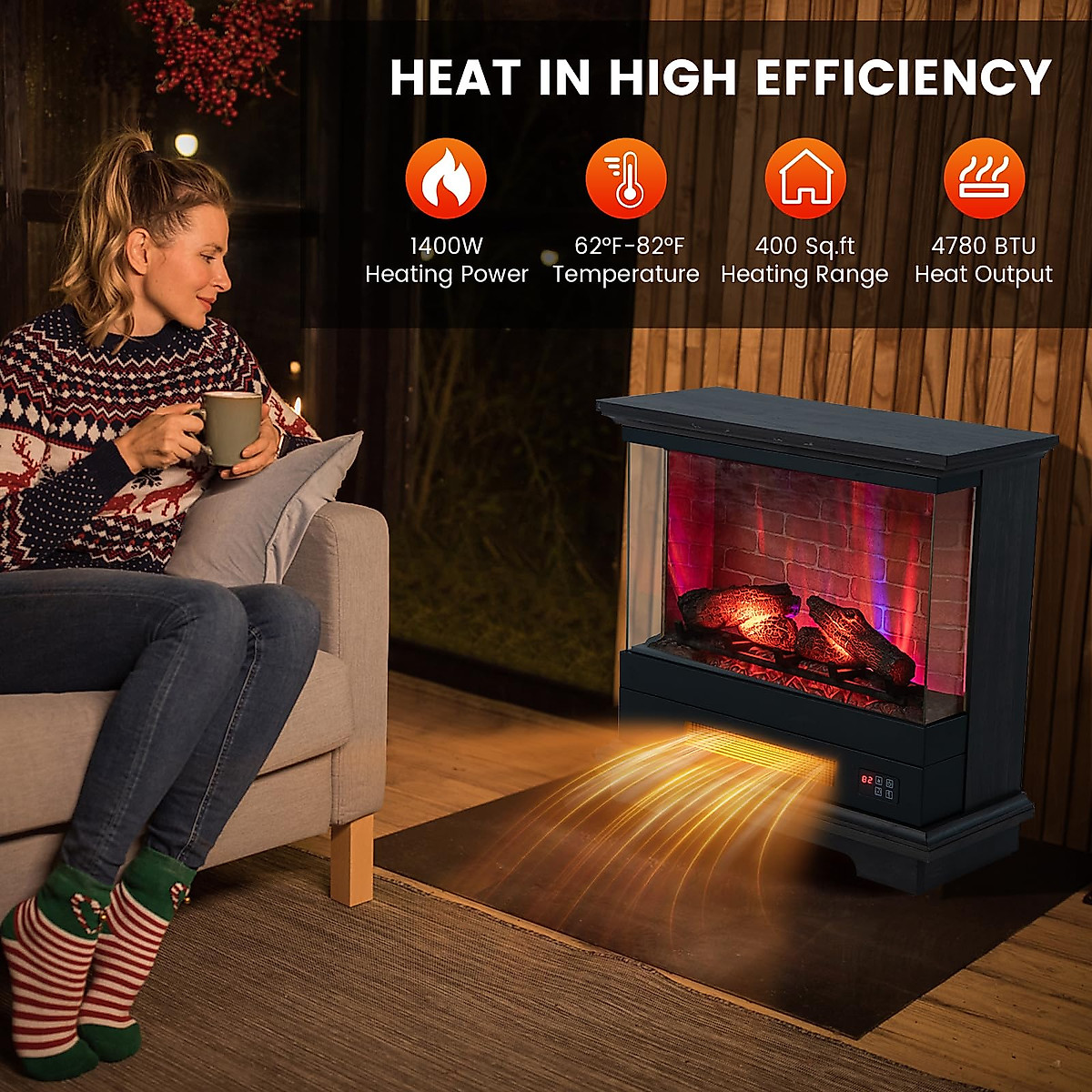 ORALNER 27” Electric Fireplace with Mantel, 3-Sided Glass View, Wooden Surround Firebox, Freestanding Fireplace Heater w/ 7 Flame Colors, Remote & 6H Timer, Overheat Protection, 1400W (Black)