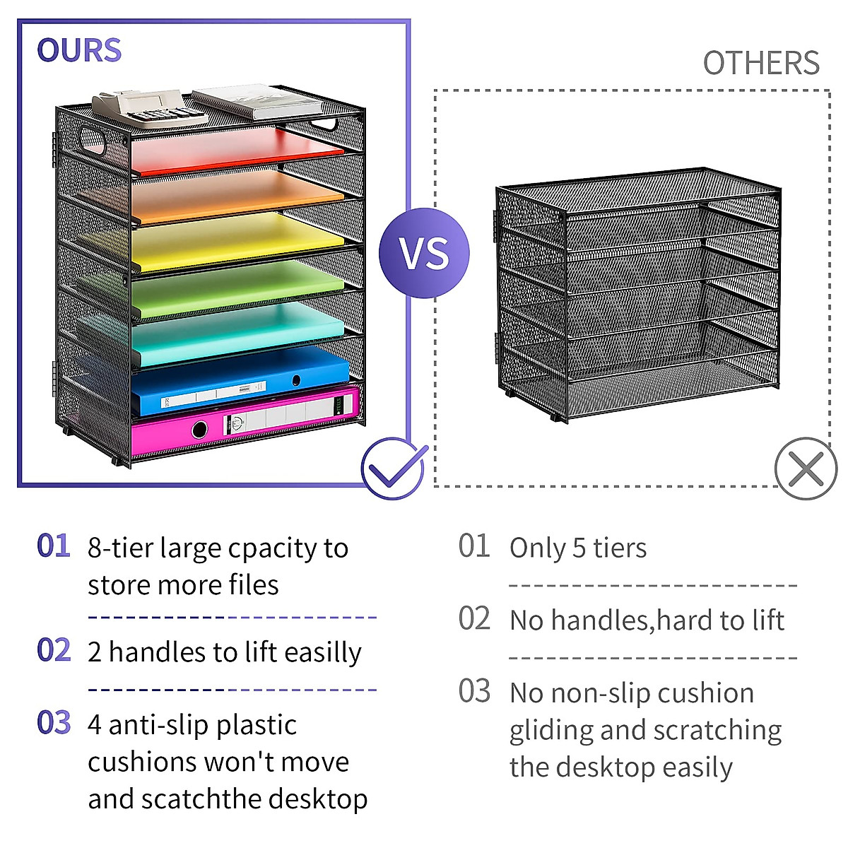 Marbrasse Paper Organizer Letter Tray, 8 Tier Mesh File Organizer with Handle, Paper Sorter Desk Organizer for Home Office Supplies - Black